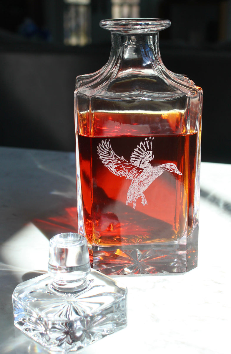 Duck Engraved Whiskey Decanter - 26oz Square Crystal Decanter with Sto ...